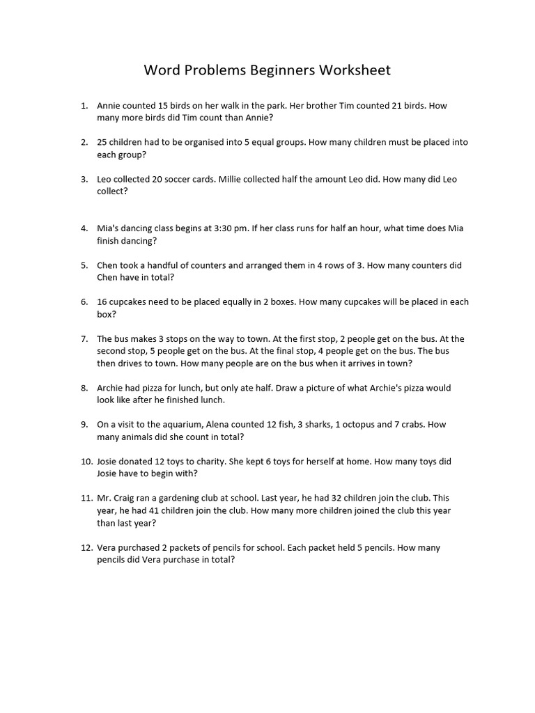 Word Problems Beginners Worksheet | PDF