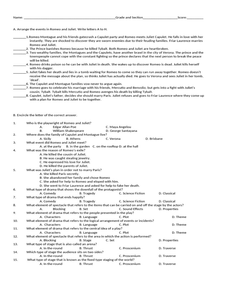 romeo and juliet long quiz | PDF | Characters In Romeo And Juliet ...
