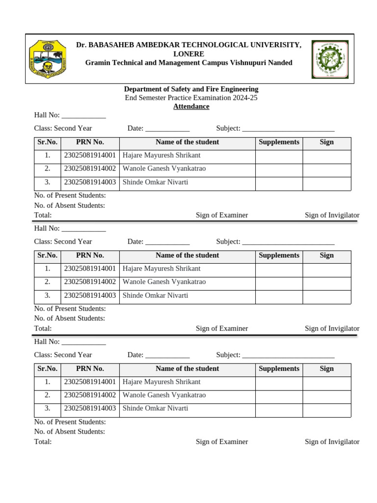 ESE DBATU Student Attendance - Second Year | PDF