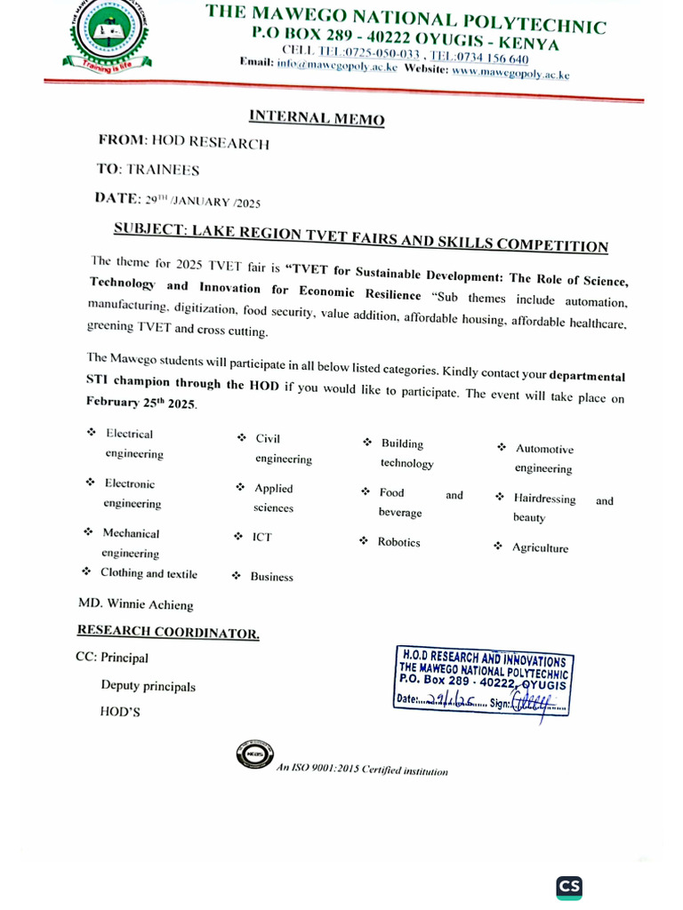 Tvet Fairs Trainees Memo | PDF