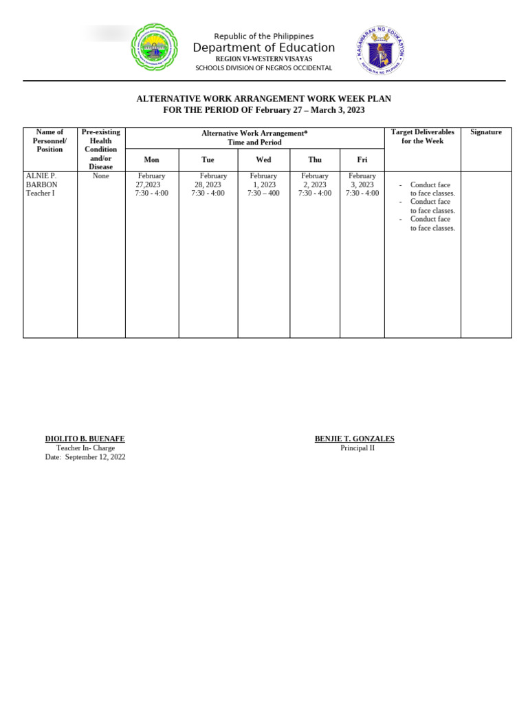 Alternative-Work-arrangement-work-week-plan (1).docx - February 27 - March 2023 | PDF