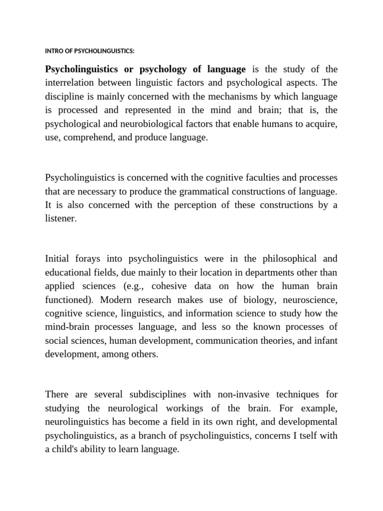 Intro of Psycholinguistics | PDF | Psycholinguistics | Semantics