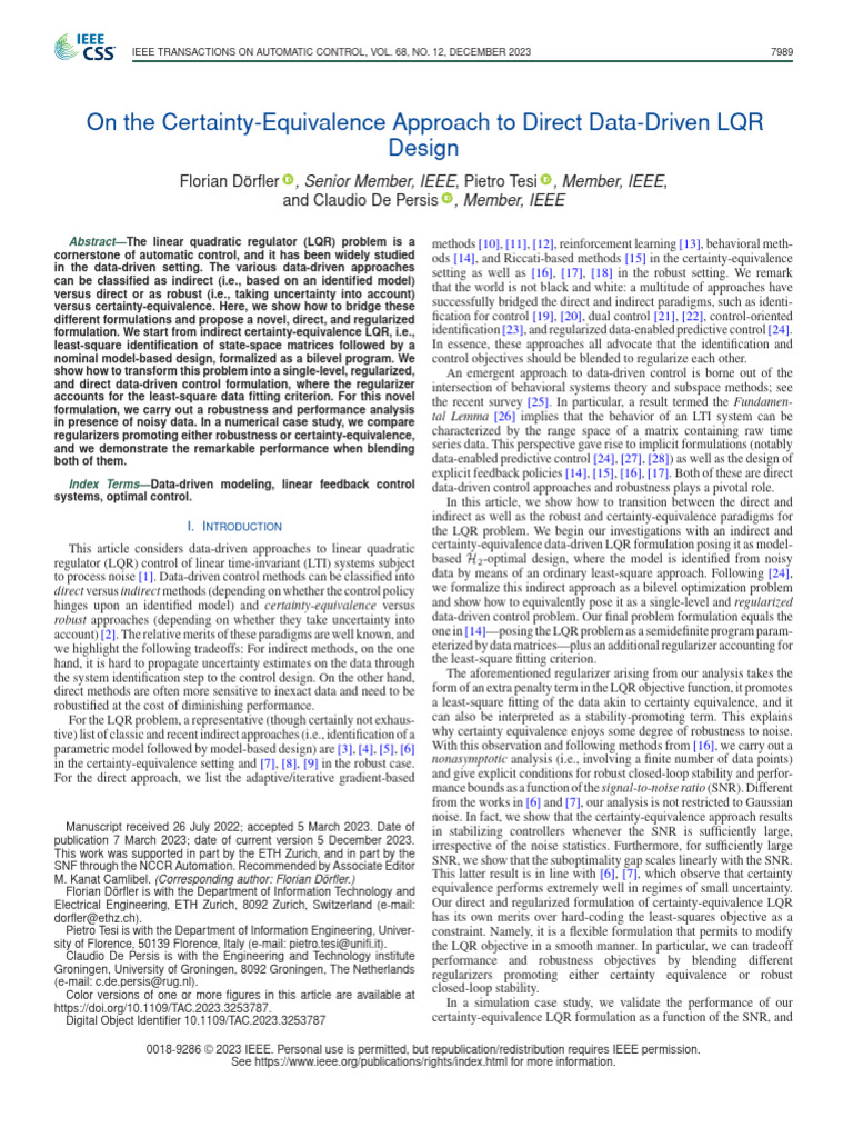 On_the_Certainty-Equivalence_Approach_to_Direct_Data-Driven_LQR_Design | PDF | Matrix ...