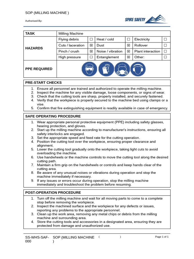 SS WHS SAF 000 Safe Operating Procedure Milling Machine | PDF ...