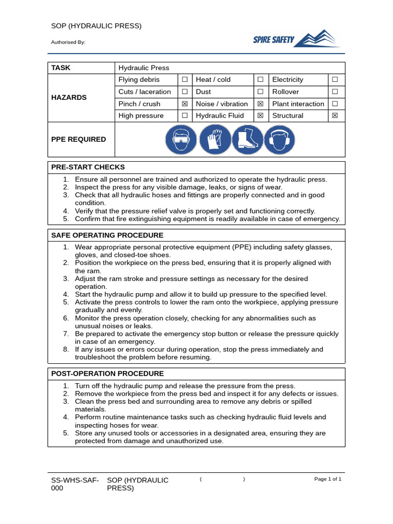 Hydraulic Press Safety SOP Guide | PDF | Personal Protective Equipment ...