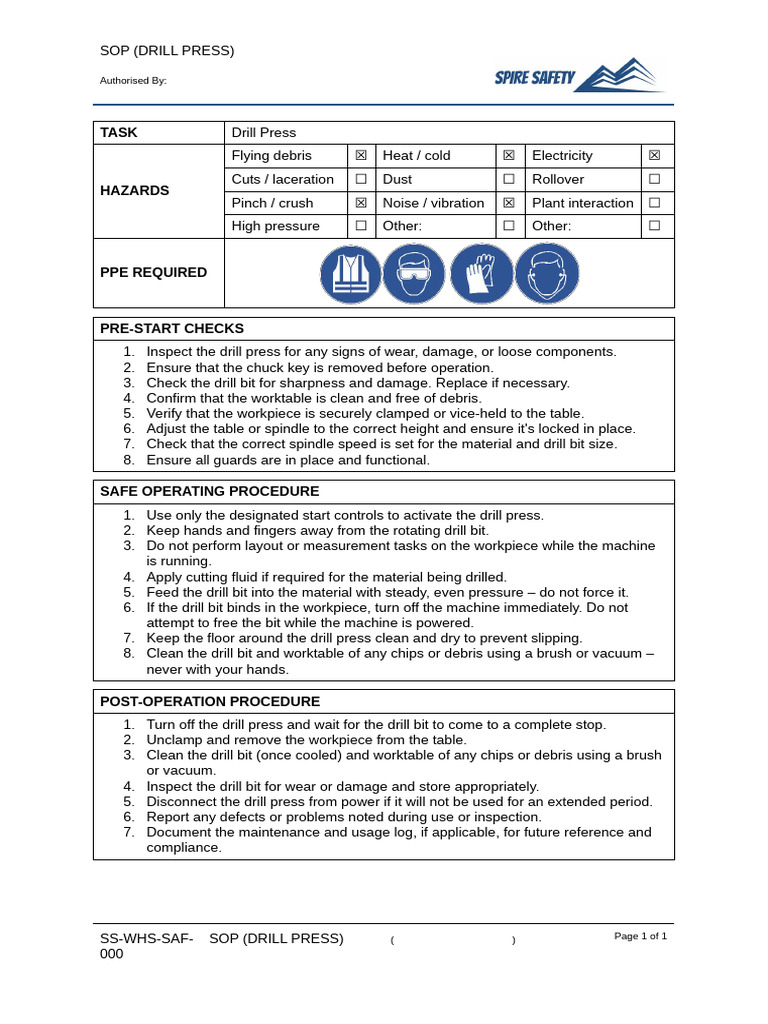 SS WHS SAF 000 Safe Operating Procedure Drill Press | PDF | Drill | Tools