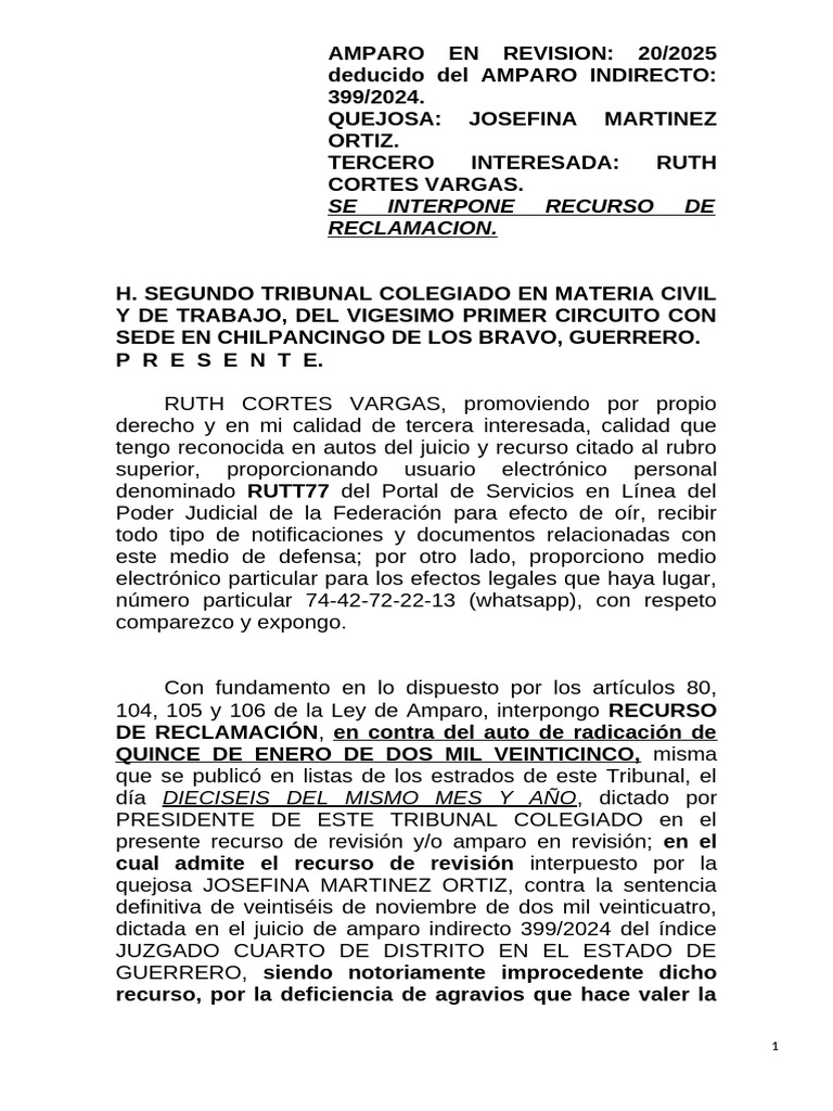 Recurso de Reclamacion Ruth Vs Auto de Admision Proyecto | PDF | Caso de ley | Judicaturas