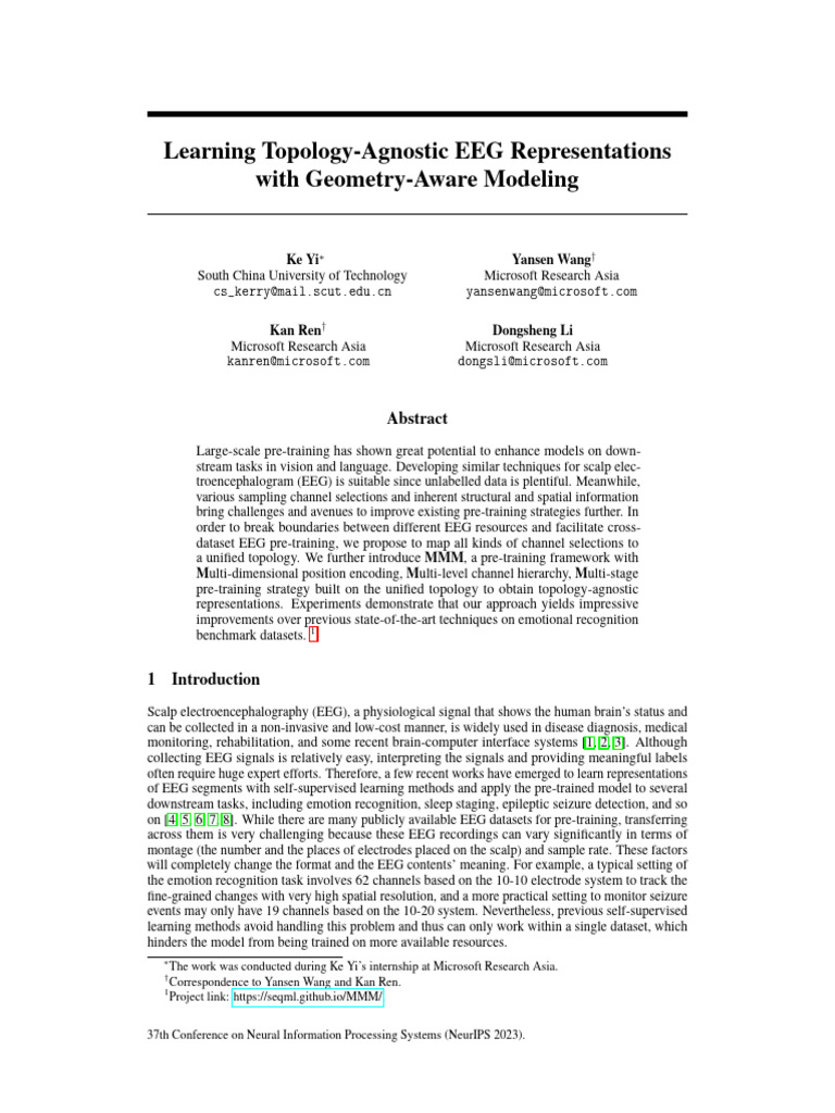 NeurIPS 2023 Learning Topology Agnostic Eeg Representations With Geometry Aware Modeling Paper ...