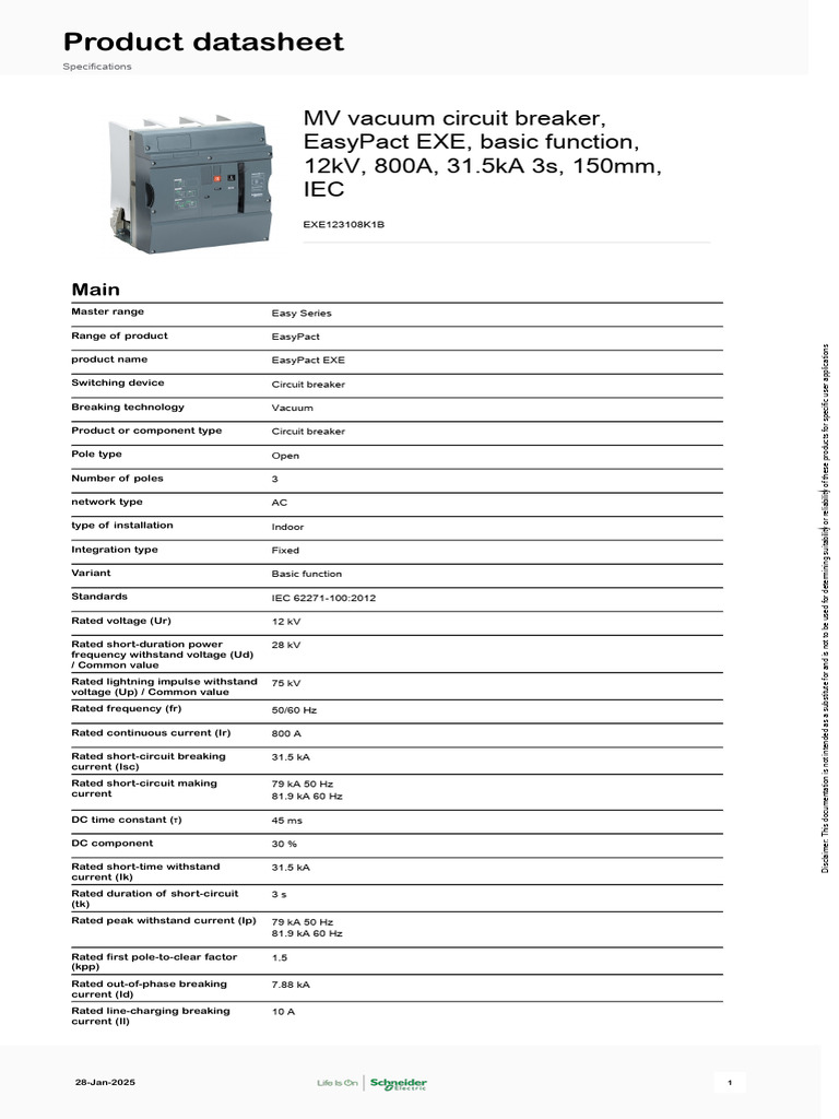 EasyPact EXE 12kV Vacuum Circuit Breaker | PDF | Direct Current | Voltage