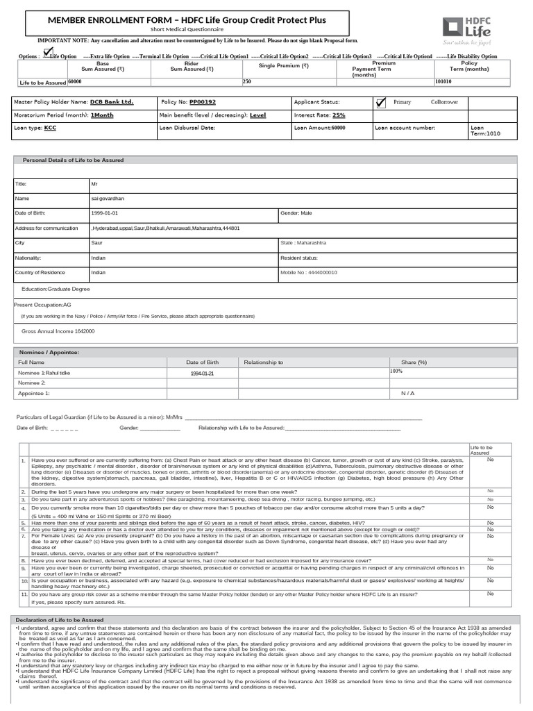 HDFC Life Group Credit Protect Enrollment | PDF | Insurance | Life ...