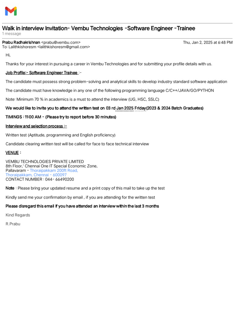 Gmail - Walk in Interview Invitation - Vembu Technologies - Software ...