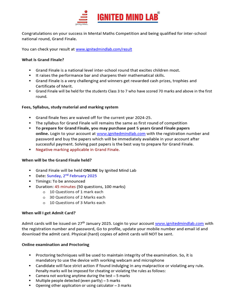 Grand Finale Details for Mental Maths 2025 | PDF