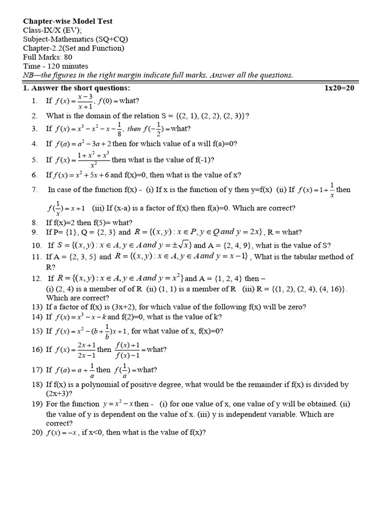 X CH 2 Exam (SQ+CBQ) .PDF-1 | PDF | Mathematics | Mathematical Analysis