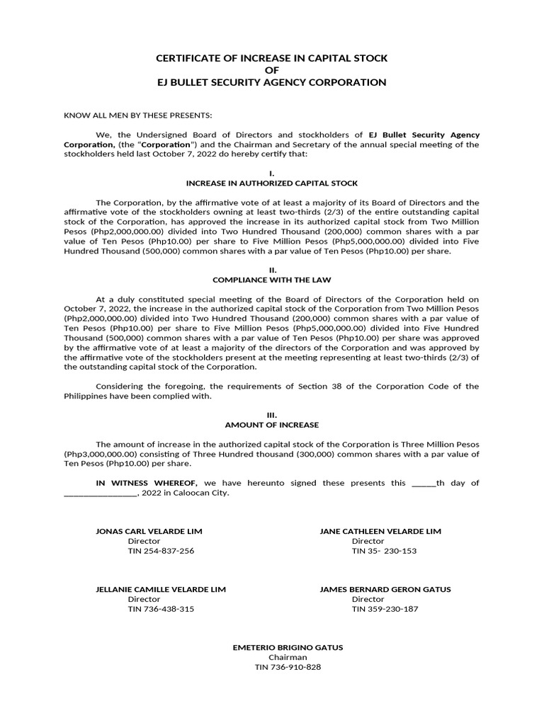 EJ Bullet Security Capital Increase Certificate | PDF | Corporate Law ...