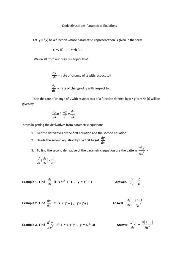 Differentiation Of Parametric Equations Pdf Derivative Equations