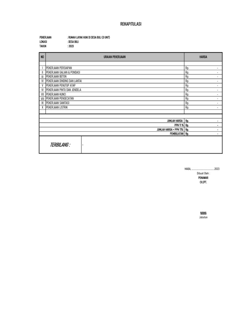BOQ RUMAH LAYAK HUNI DI DESA BULI (3 UNIT ) | PDF