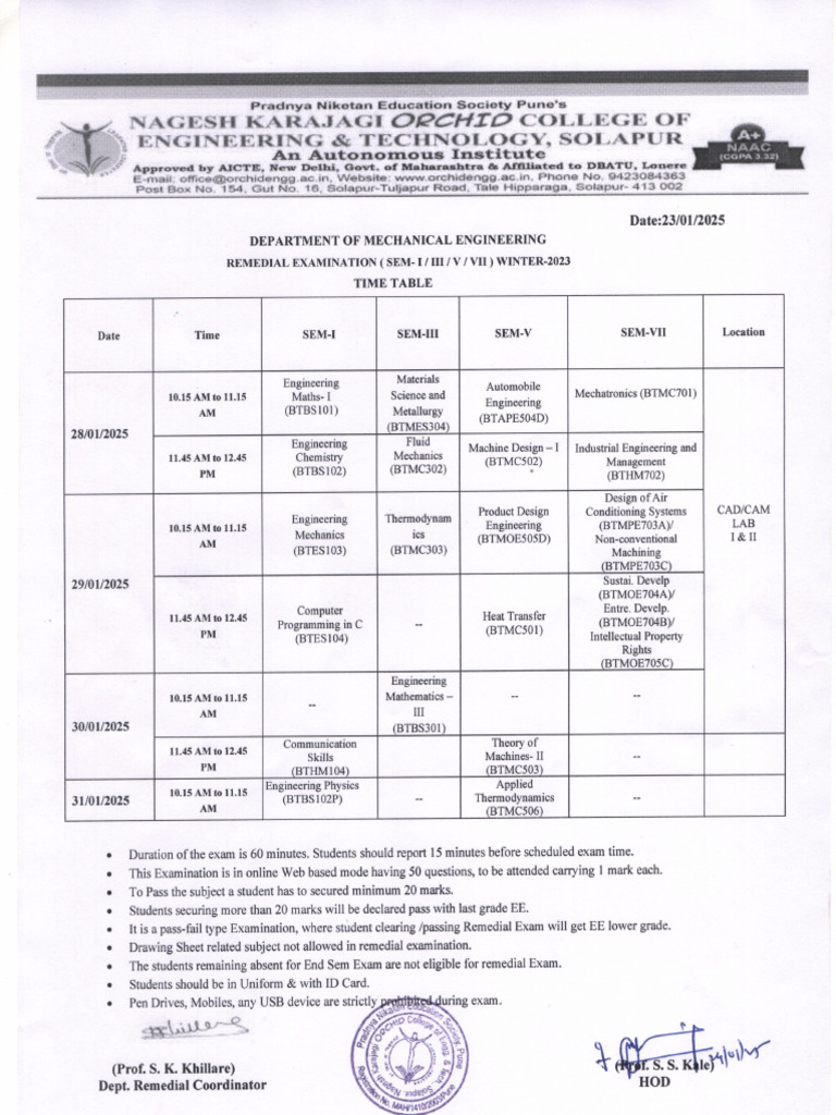 Remedial Winter-23 Time Table | PDF