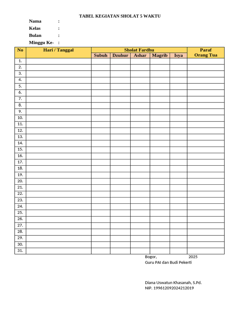 Tabel Kegiatan Sholat 5 Waktu | PDF