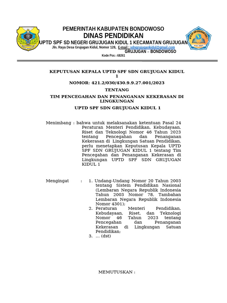 Lampiran 2 Contoh SK Kepala Satuan Pendidikan Pembentukan TPPK | PDF