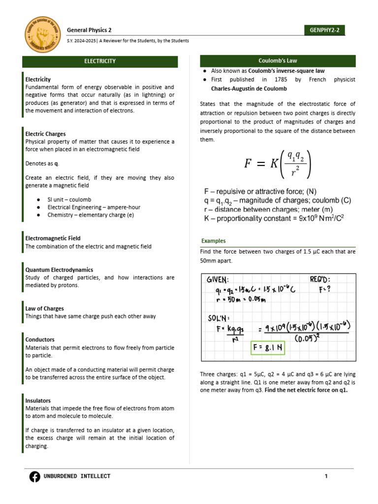 General Physics 2: Electricity Reviewer | PDF | Capacitor | Capacitance