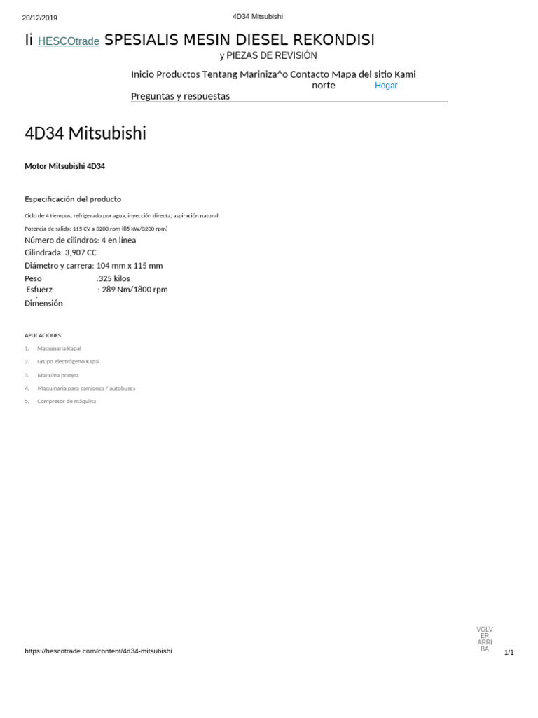 Especificaciones del Motor Mitsubishi 4D34 | PDF