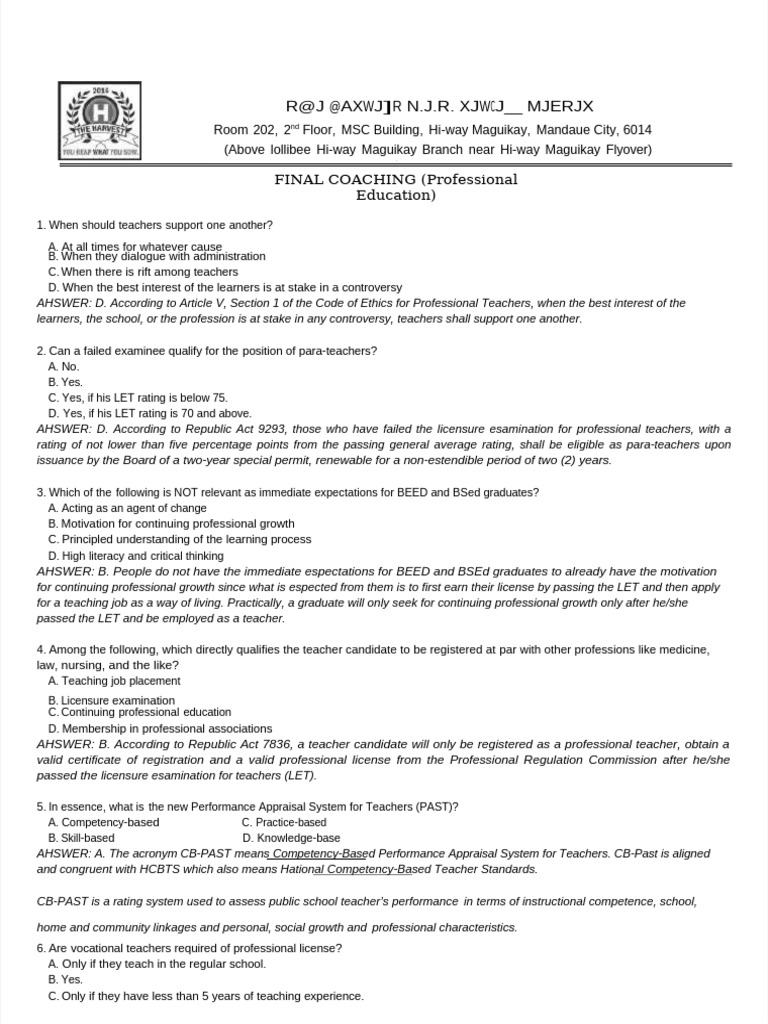 The Harvest Let Review Center Final Coaching Professional Education | PDF | Teachers | Learning