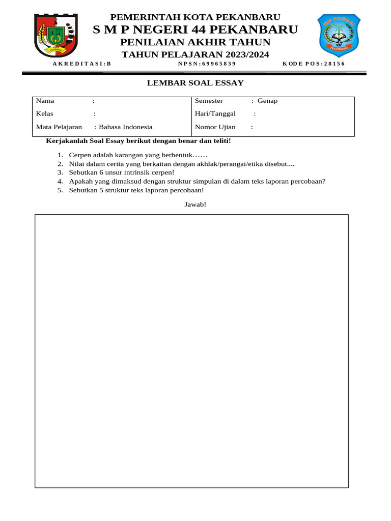 Soal Essay Pat Bahasa Indonesia 2024 | PDF