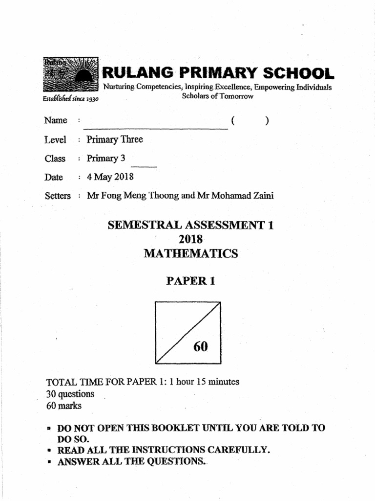 P3 Maths SA1 2018 Rulang Exam Papers | PDF