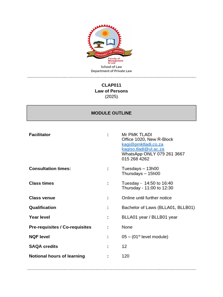 Law of Persons Module Outline | PDF | Educational Assessment | Learning