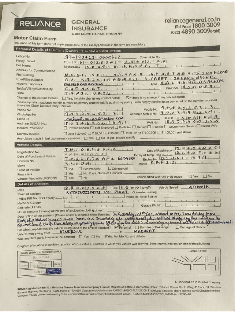 Reliance Motor Claim Insurance | PDF
