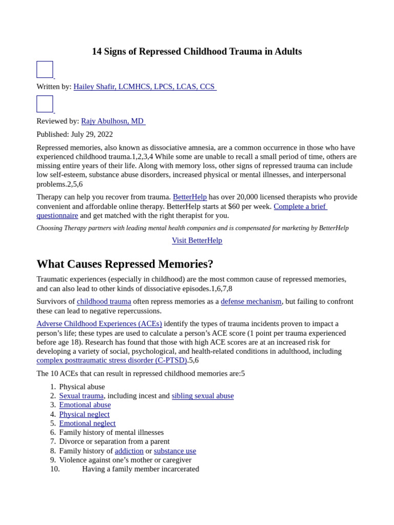 14 Signs of Repressed Childhood Trauma in Adults | PDF | Psychological ...