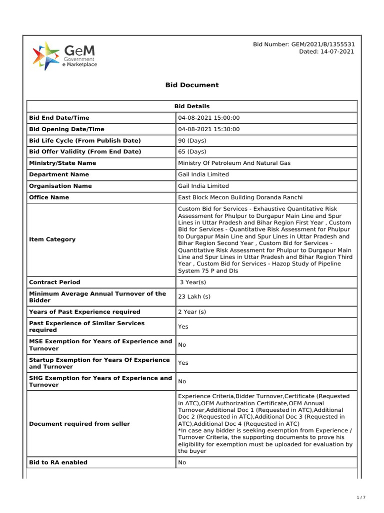 Risk Assessment Bid for GAIL | PDF | Specification (Technical Standard ...