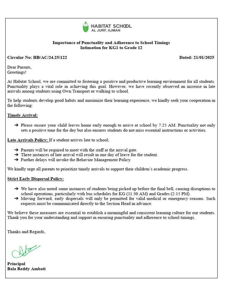 Circular 122 - Importance of Punctuality and Adherence to School Timings | PDF