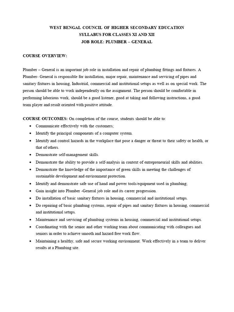 Plumber-General - Class-XIXII (1) Syllabus | PDF | Microsoft Word ...