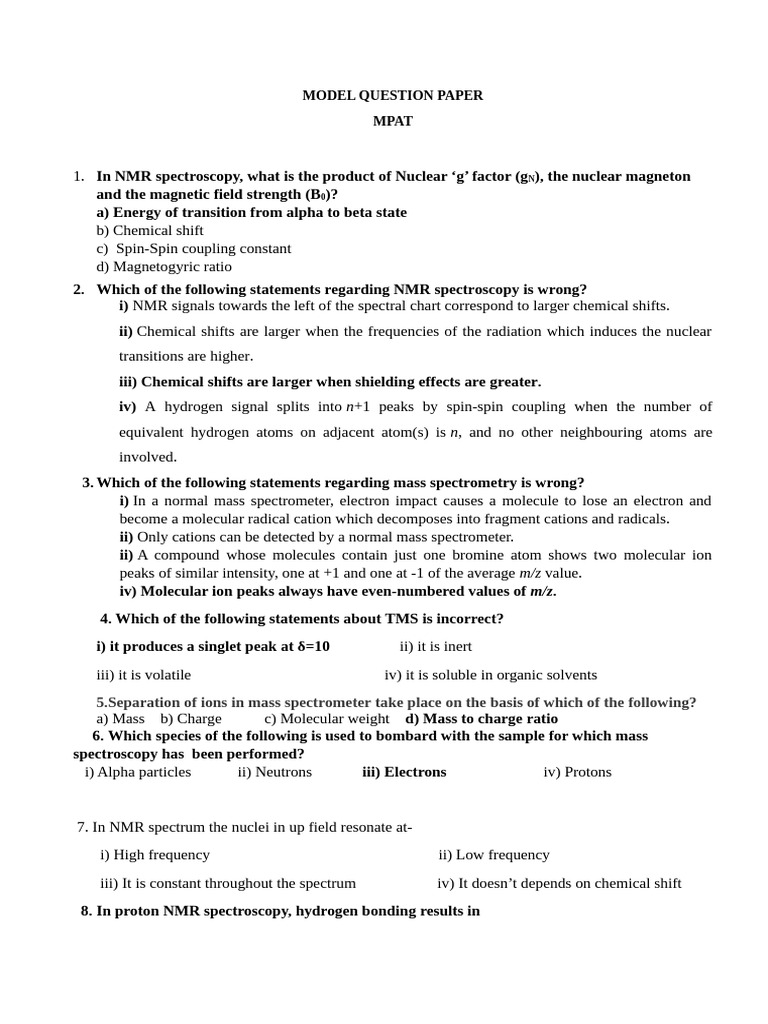 NMR & Mass Spectrometry Exam Questions | PDF | Nuclear Magnetic ...