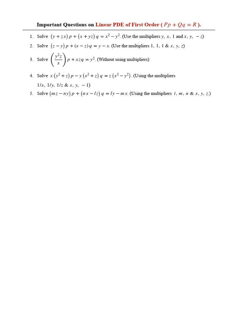 Important Questions On: Linear PDE of First Order | PDF