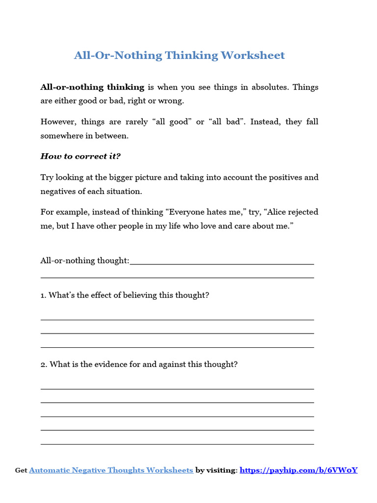 All or Nothing Thinking Worksheet PDF | PDF