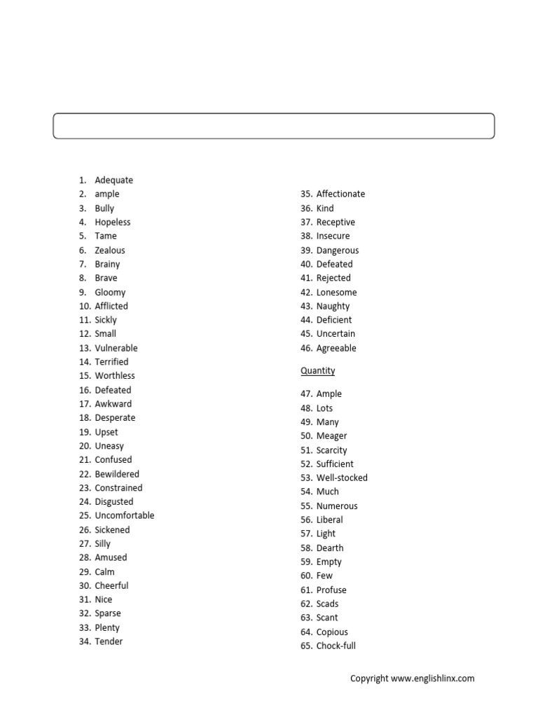 Adjectives List Worksheet for Students | PDF