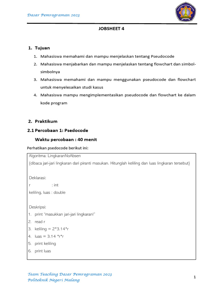 Daspro Jobsheet 4-Pseudocode Dan Flowchart | PDF
