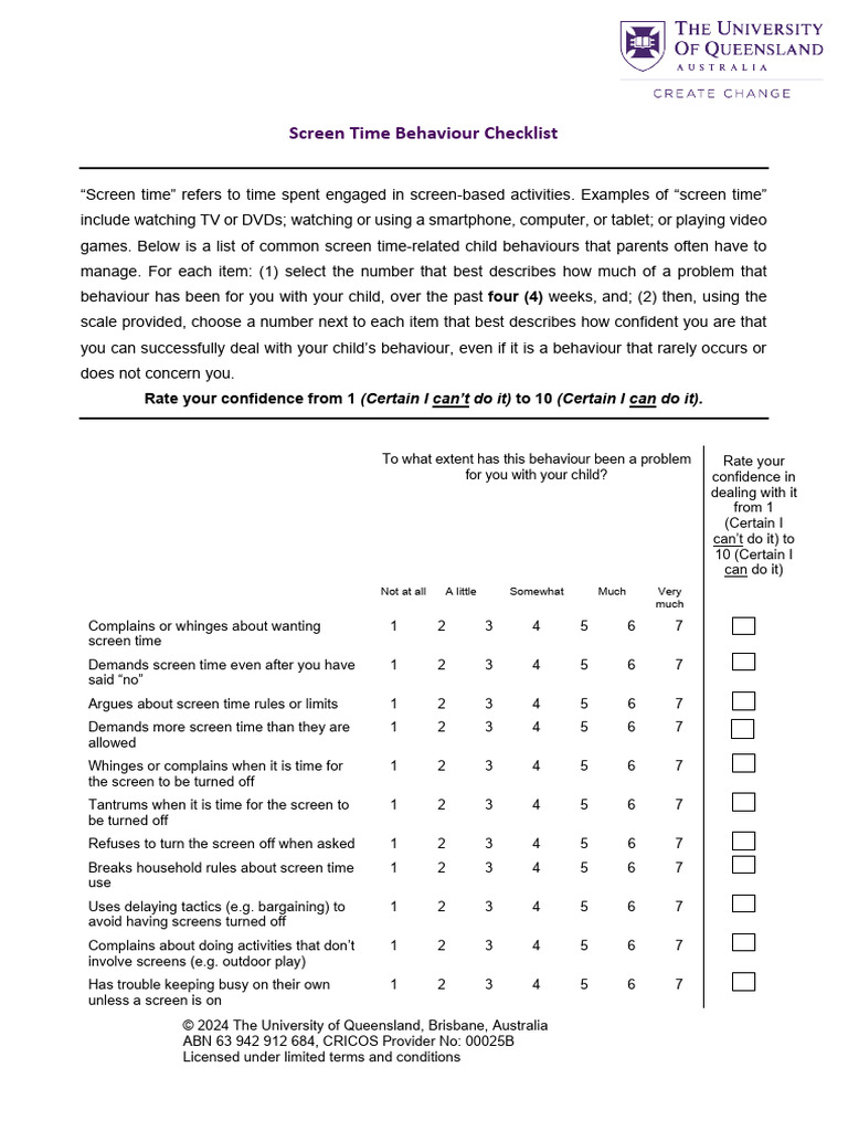 Screen Time Behaviour Checklist Formatted AEM | PDF | Behavioural ...