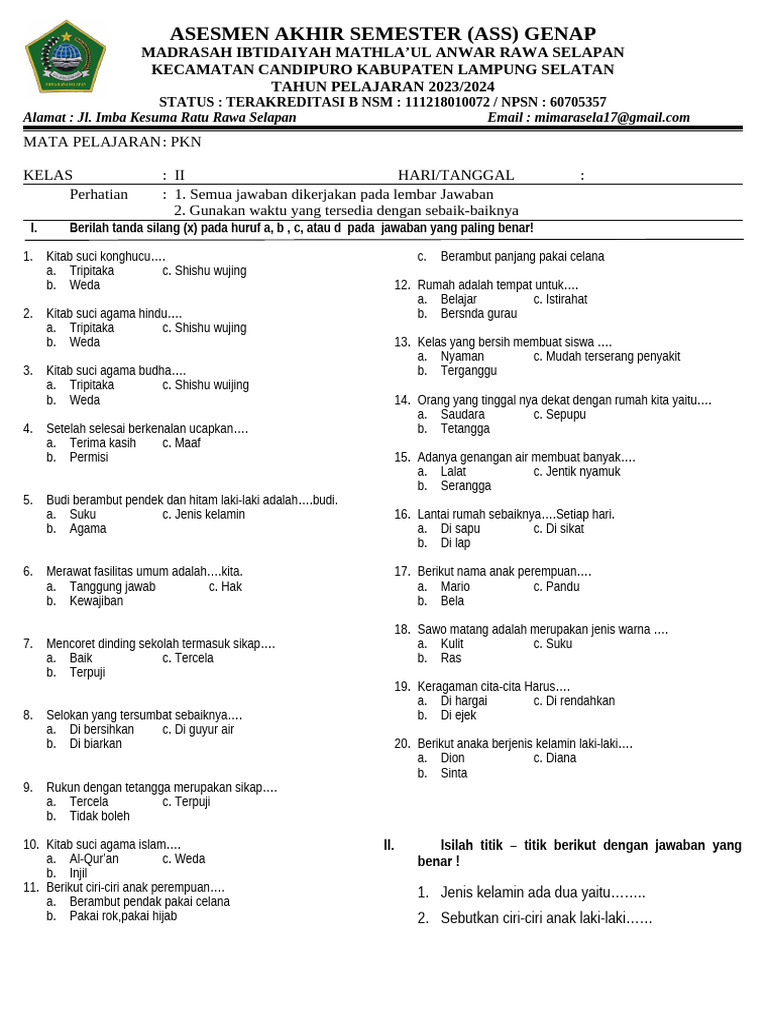 SOAL PKN KELAS 2 | PDF