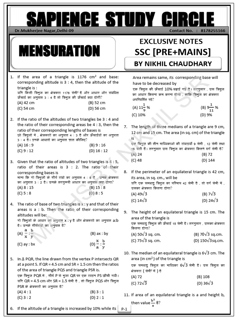Mensuration Notes for SSC Exam Prep | PDF | Elementary Geometry ...