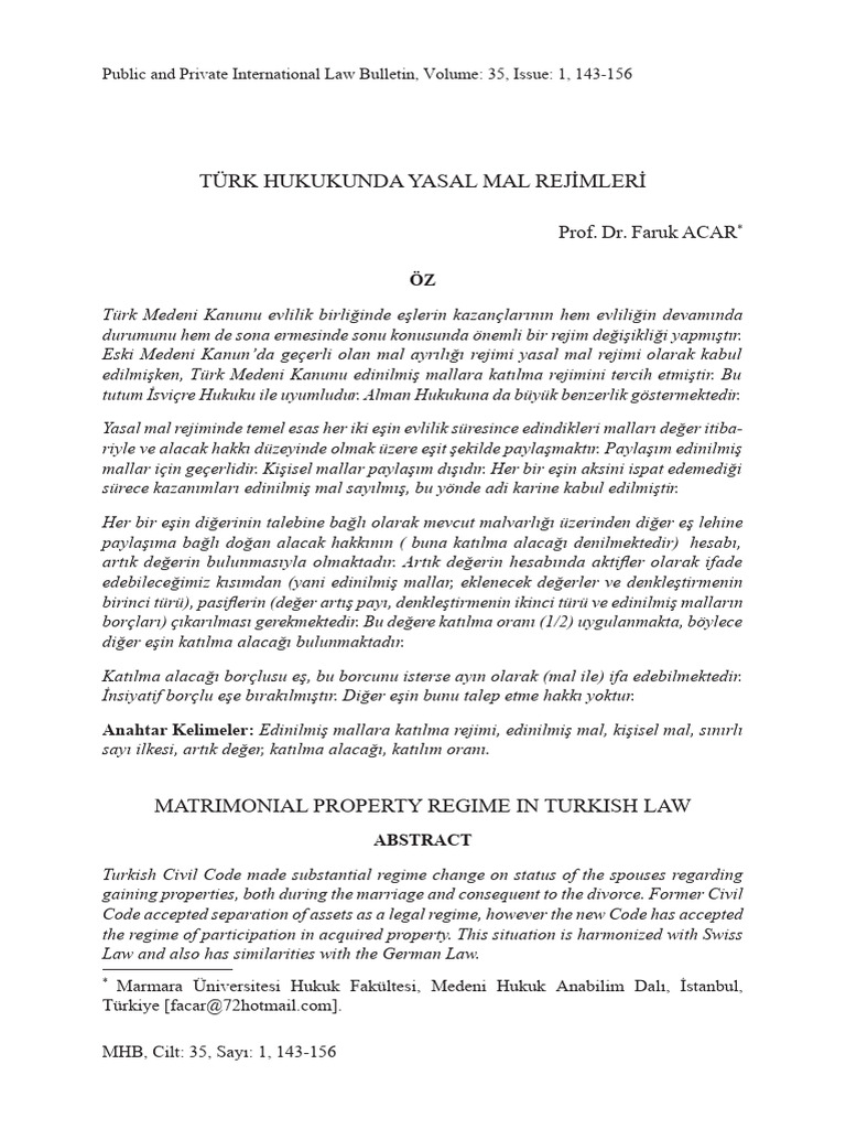 Turk Hukukunda Yasal Mal Rejimleri | PDF