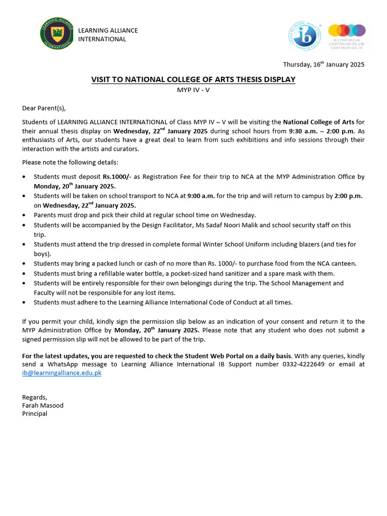 1737023641IB MYP IV-V - Trip To National College of Arts (NCA) Notice | PDF