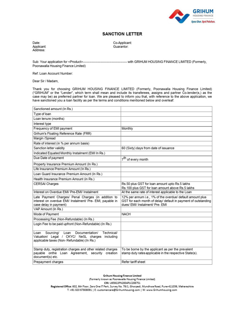GRIHUM Sanction Letter Format | PDF | Loans | Mortgages