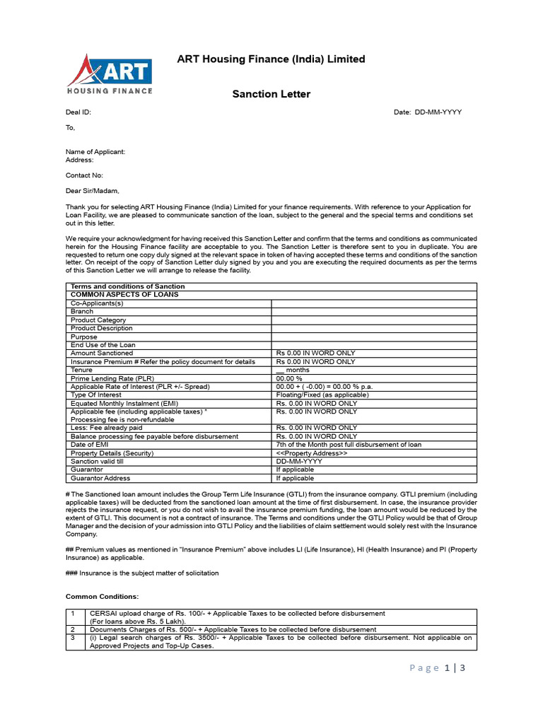 SART Housing Finance Letter Format | PDF | Loans | Mortgages