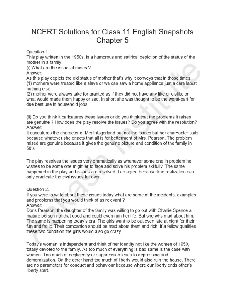 NCERT Solutions For Class 11 English Snapshots Chapter 5 | PDF