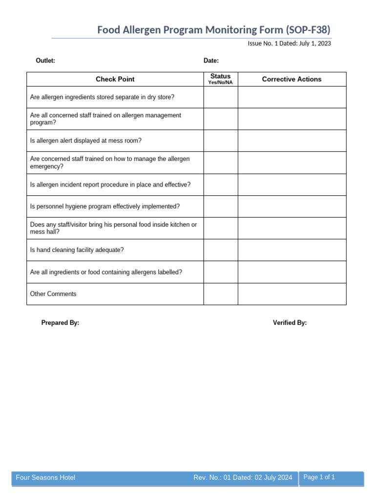 Food Allergen Program Monitoring Form (SOP-F38) | PDF