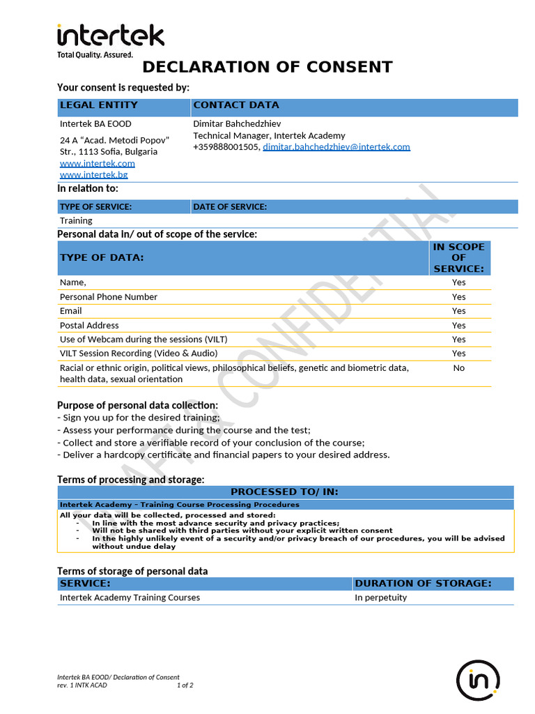 Intertek Academy Consent Declaration | PDF | Consent | Privacy