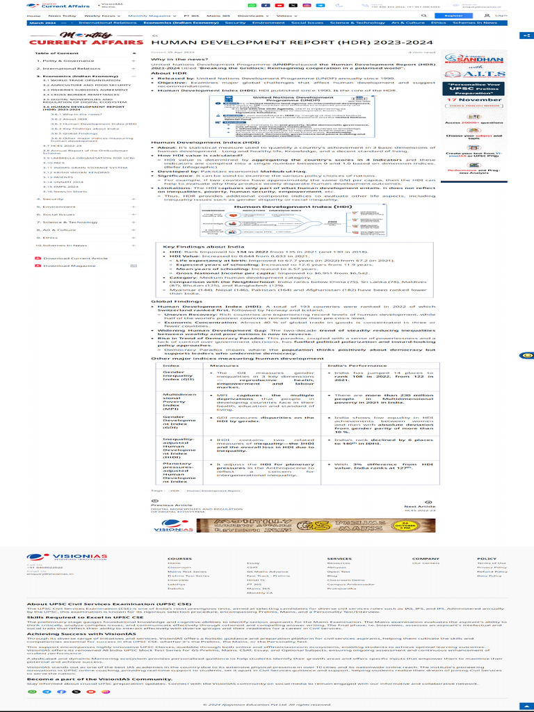 HUMAN DEVELOPMENT REPORT HDR 2023 2024 Current Affairs Vision IAS | PDF